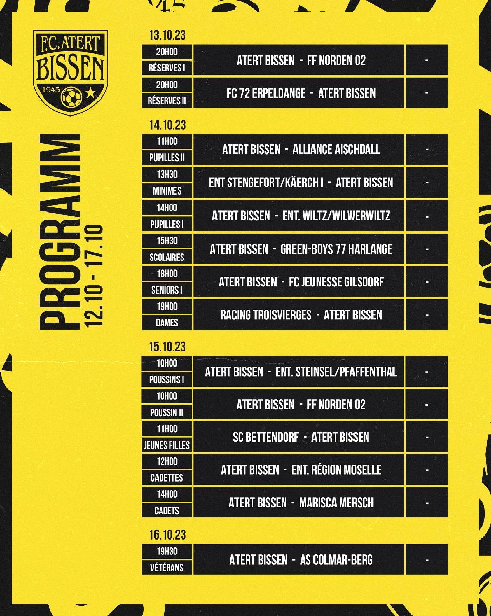 FC Atert Bissen - Programme du Weekend 13/10/2023 au 16/10/2023